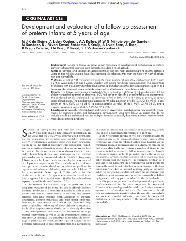 (PDF) Development and evaluation of a follow up assessment of preterm ...
