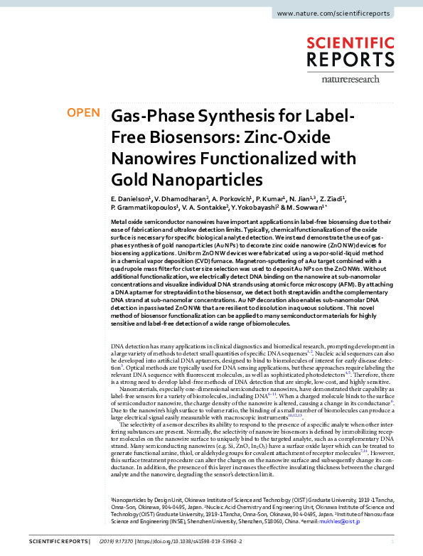 (PDF) Gas-Phase Synthesis for Label-Free Biosensors: Zinc-Oxide ...