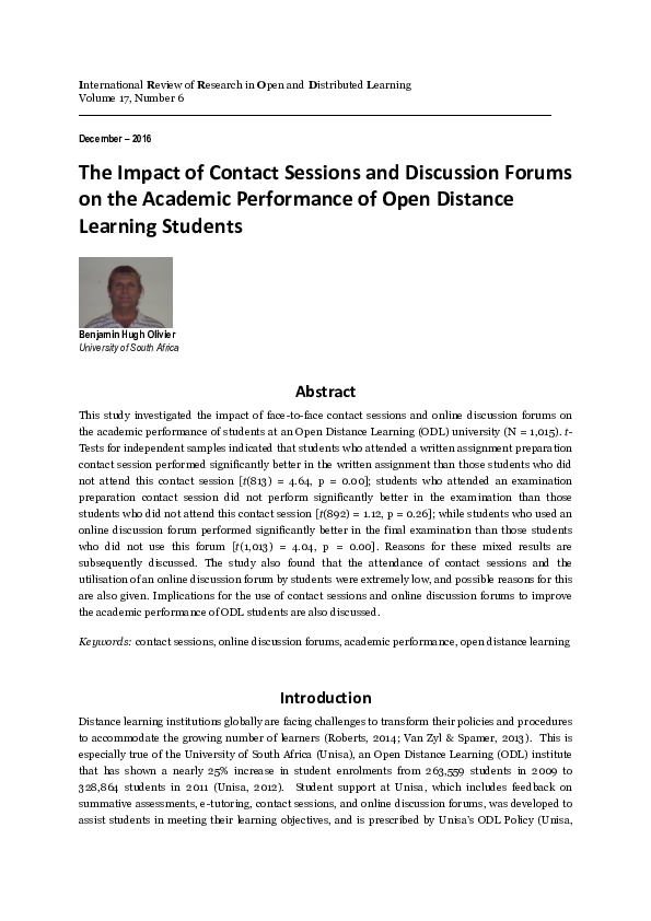(PDF) The Impact of Contact Sessions and Discussion Forums on the ...
