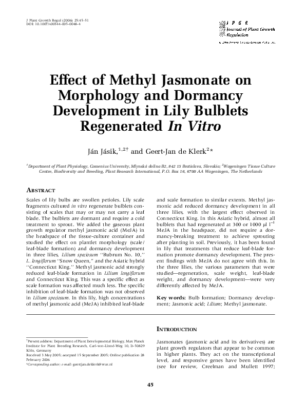 (PDF) Effect of Methyl Jasmonate on Morphology and Dormancy Development in Lily Bulblets ...