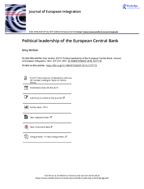 (PDF) Political leadership of the European Central Bank | Amy Verdun ...