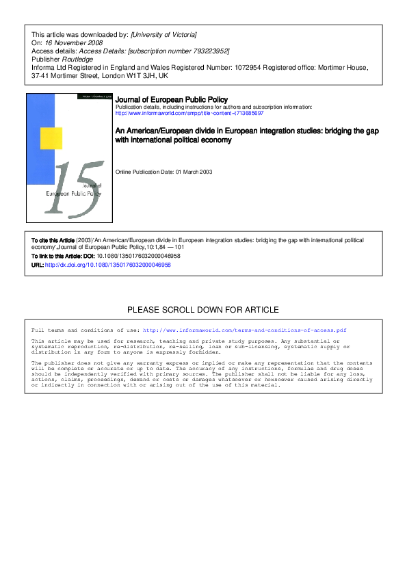 (PDF) An American/European divide in European integration studies ...