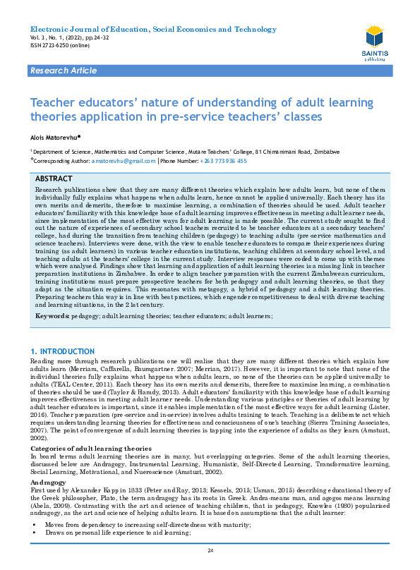 (PDF) Teacher educators’ nature of understanding of adult learning ...