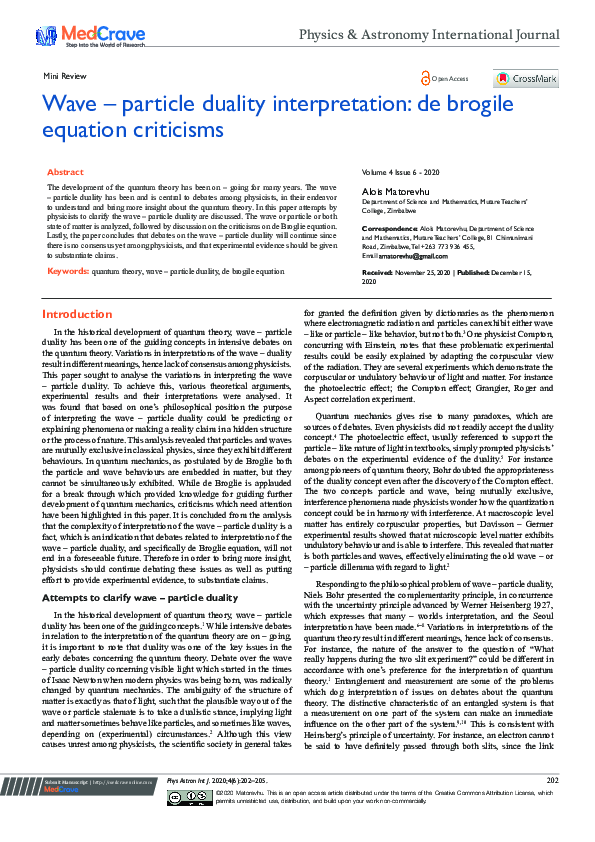 Pdf Wave Particle Duality Interpretation De Brogile Equation Criticisms