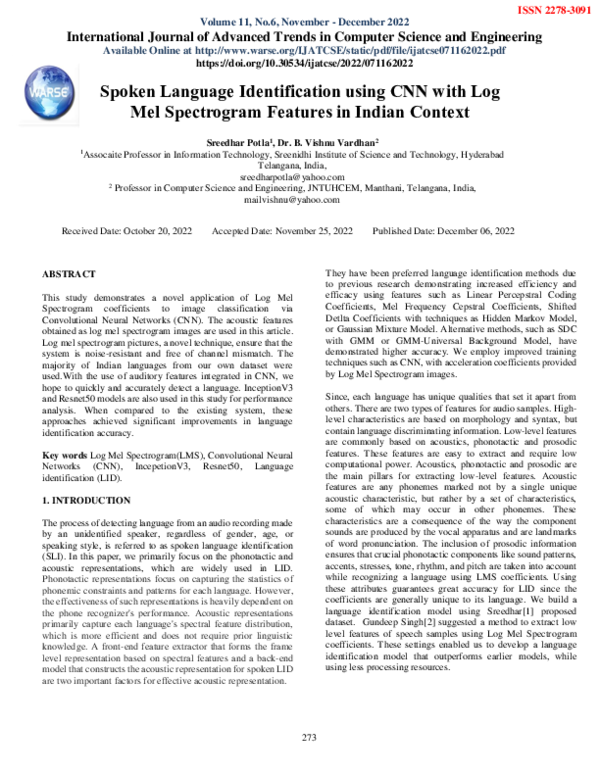 (PDF) Spoken Language Identification using CNN with Log Mel Spectrogram Features in Indian Context