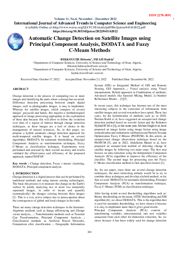 (PDF) Automatic Change Detection on Satellite Images using Principal Component Analysis, ISODATA ...