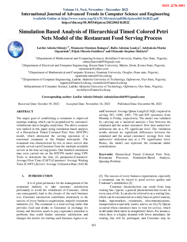 (PDF) Simulation Based Analysis of Hierarchical Timed Colored Petri Nets Model of the Restaurant ...