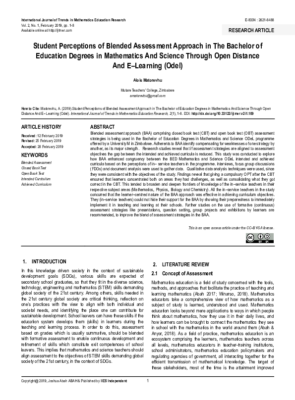 (PDF) Student Perceptions of Blended Assessment Approach in The Bachelor of Education Degrees in ...
