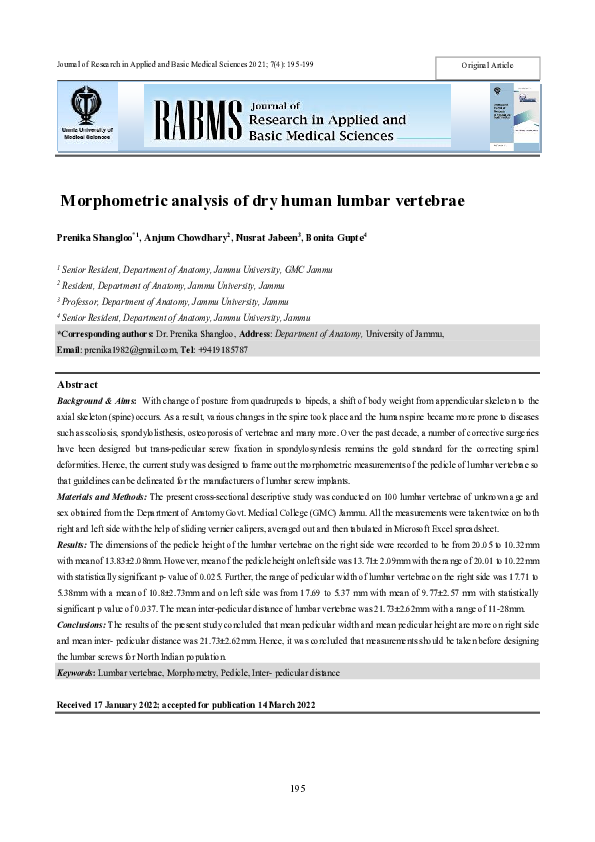(PDF) Morphometric analysis of dry human lumbar vertebrae