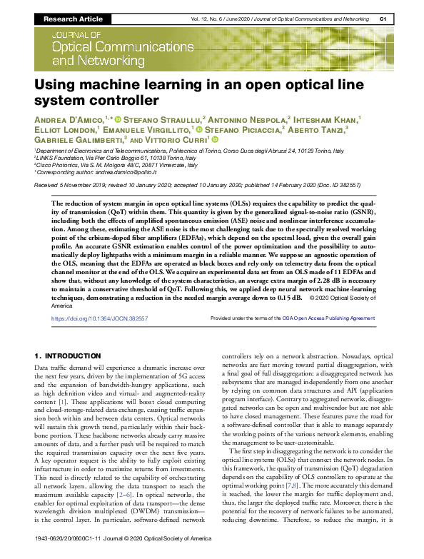 Pdf Using Machine Learning In An Open Optical Line System Controller