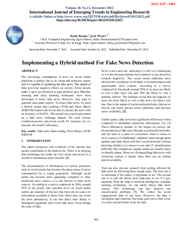 (PDF) Implementing a Hybrid method For Fake News Detection (PDF) Implementing a Hybrid method For Fake News Detection