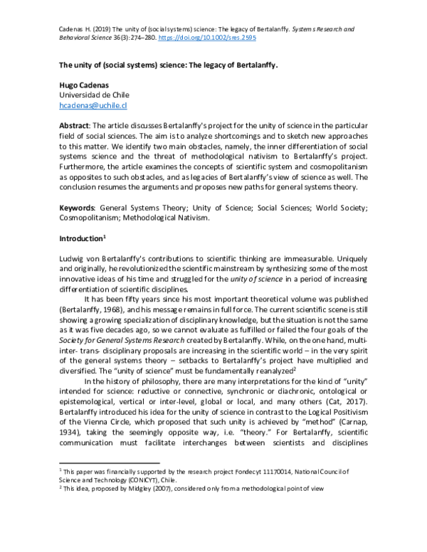 (PDF) The unity of (social systems) science: The legacy of Bertalanffy