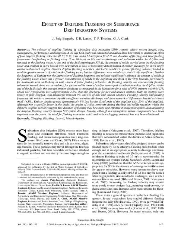 (PDF) Effect of Dripline Flushing on Subsurface Drip Irrigation Systems | Todd Trooien ...