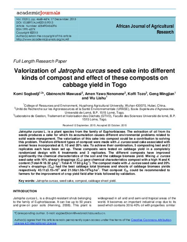 (PDF) Valorization of Jatropha curcas seed cake into different kinds of ...