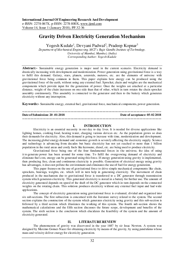 (PDF) Gravity Driven Electricity Generation Mechanism