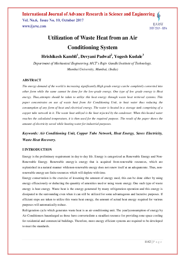 (PDF) Utilization of Waste Heat from an Air Conditioning System
