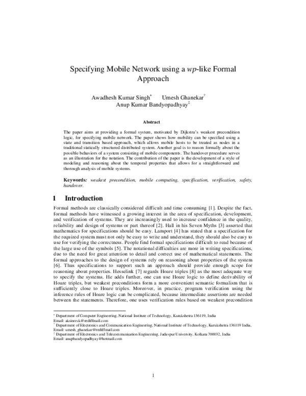 (PDF) Formal Specification for Mobile Networks