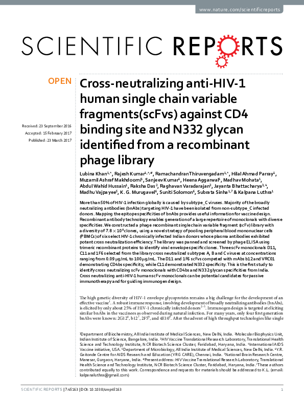 (PDF) Cross-neutralizing anti-HIV-1 human single chain variable ...