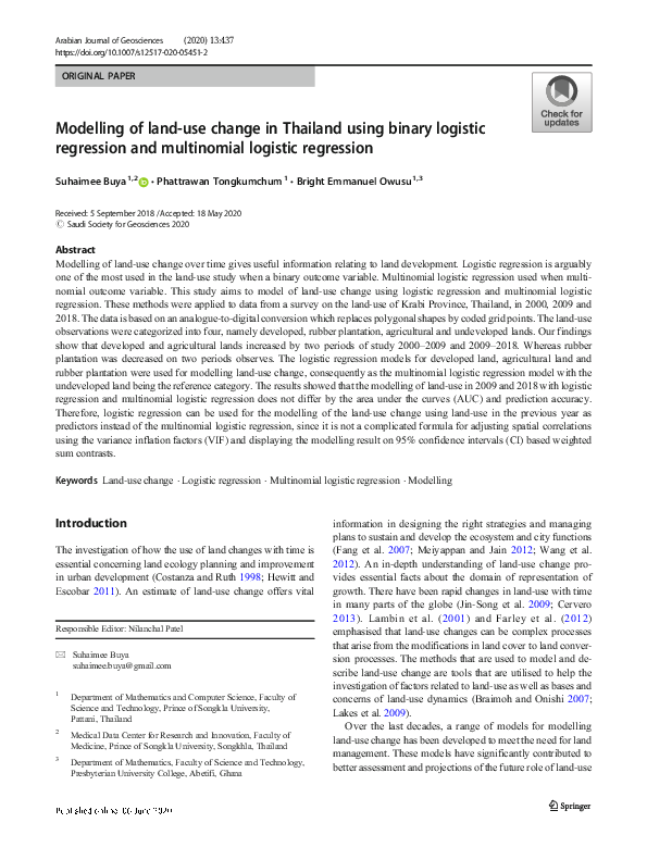 (PDF) Modelling of land-use change in Thailand using binary logistic regression and multinomial ...