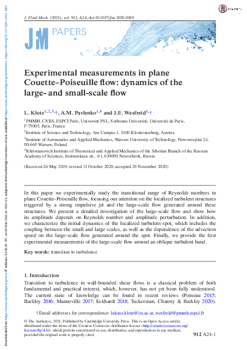 (PDF) Experimental measurements in plane Couette–Poiseuille flow: dynamics of the large- and ...