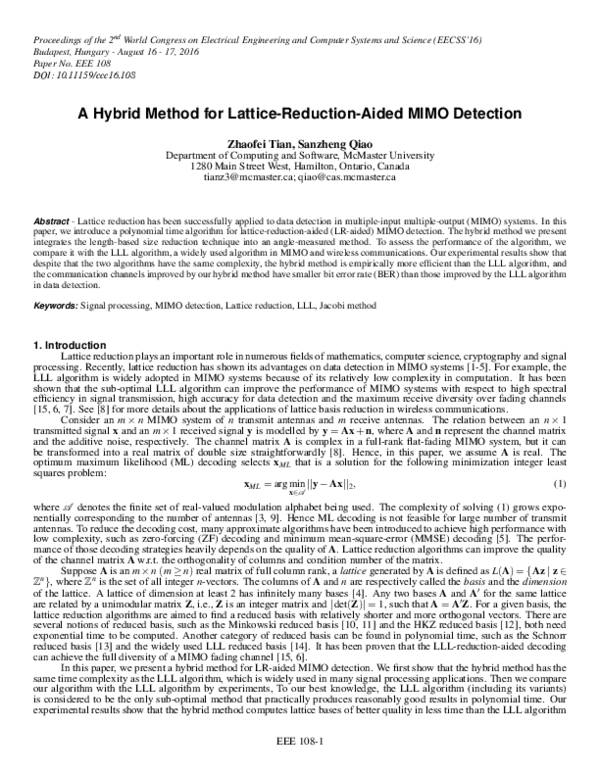 Pdf A Hybrid Method For Lattice Reduction Aided Mimo Detection