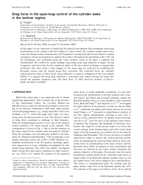 (PDF) Drag force in the open-loop control of the cylinder wake in the laminar regime