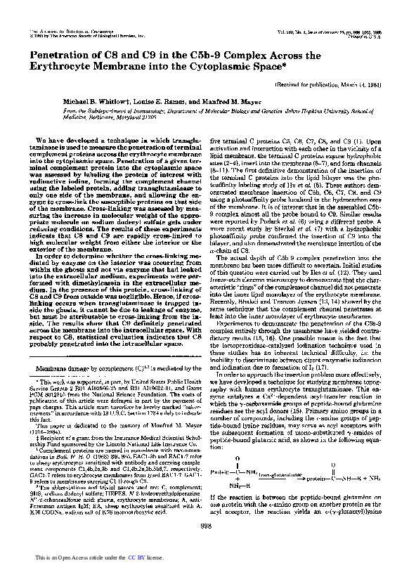 (PDF) Penetration of C8 and C9 in the C5b-9 complex across the erythrocyte membrane into the ...
