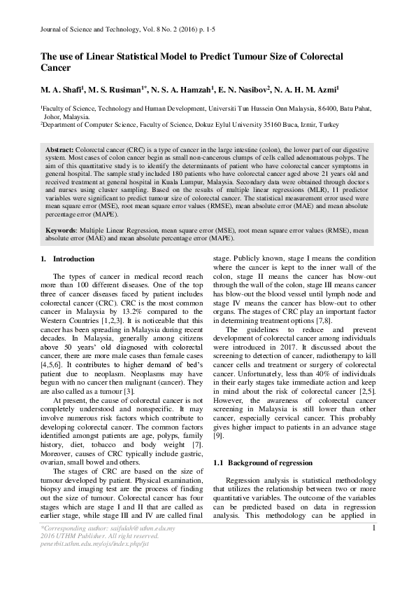 (PDF) The use of Linear Statistical Model to Predict Tumour Size of ...