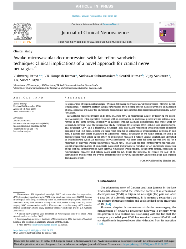 (PDF) Awake microvascular decompression with fat-teflon sandwich ...