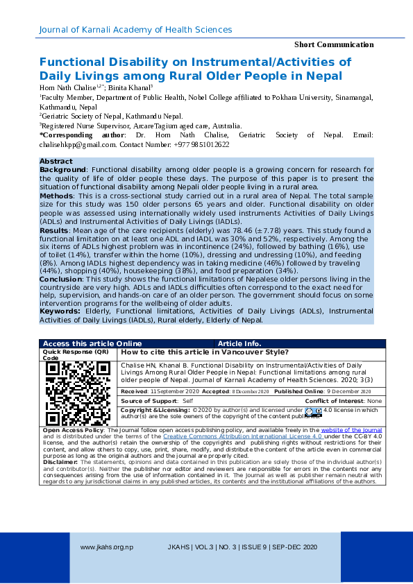 (PDF) Functional Disability on Instrumental/Activities of Daily Livings ...