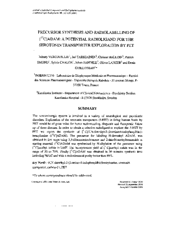 (PDF) Precursor synthesis and radiolabelling of [11C]ADAM: a potential ...