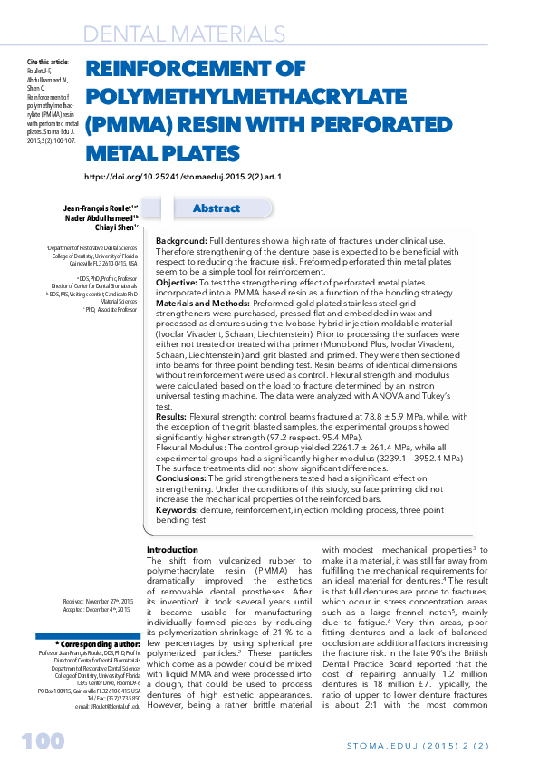 (PDF) Reinforcement of polymethylmethacrylate (PMMA) resin with ...