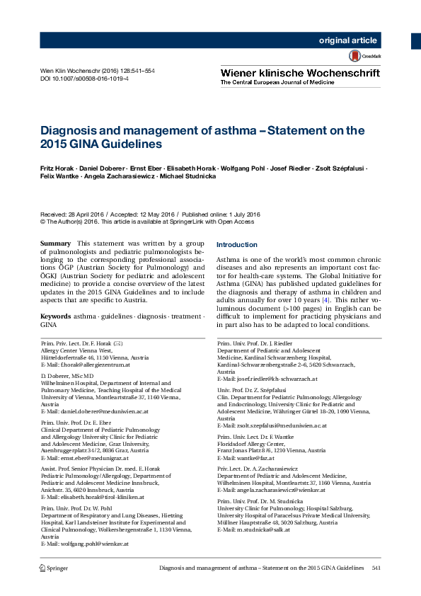 (PDF) Diagnosis and management of asthma – Statement on the 2015 GINA ...