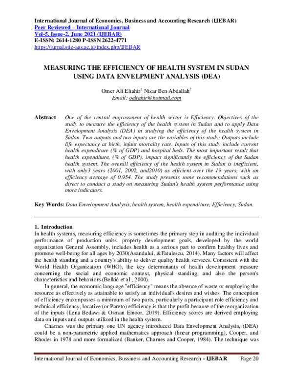 (PDF) Measuring the Efficiency of Health System in Sudan Using Data Envelopment Analysis (Dea)