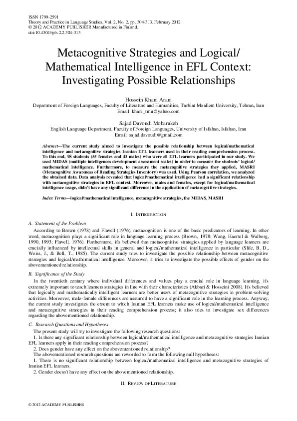 Pdf Metacognitive Strategies And Logical Mathematical Intelligence In Efl Context