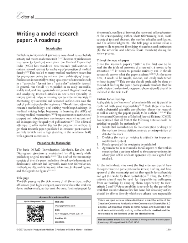 (PDF) Writing a model research paper: A roadmap | Sunil Karande ...