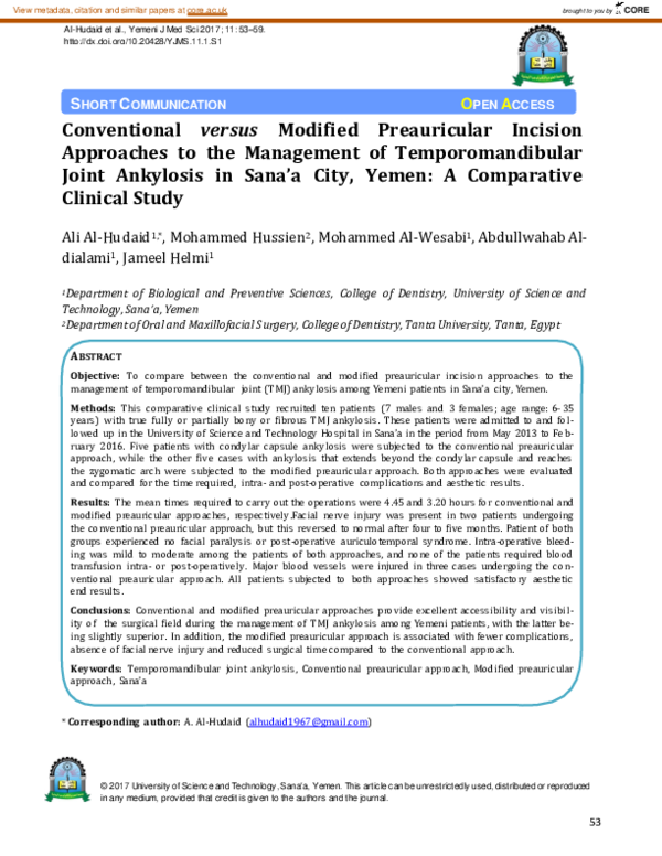(PDF) Conventional versus Modified Preauricular Incision Approaches to ... (PDF) Conventional versus Modified Preauricular Incision Approaches to ...