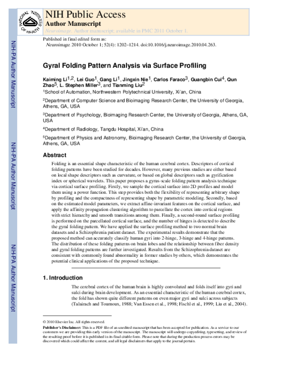 (PDF) Gyral folding pattern analysis via surface profiling | kaiming li ...