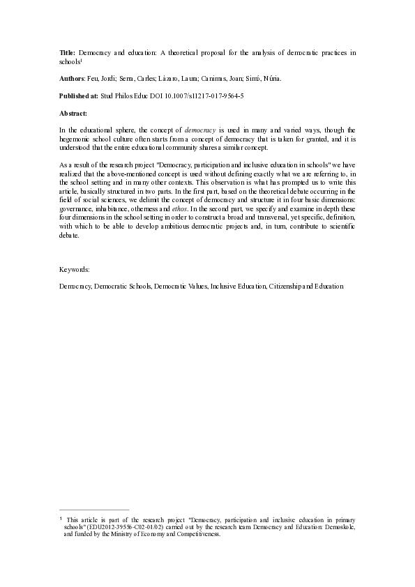 (PDF) Democracy and Education: A Theoretical Proposal for the Analysis of Democratic Practices ...