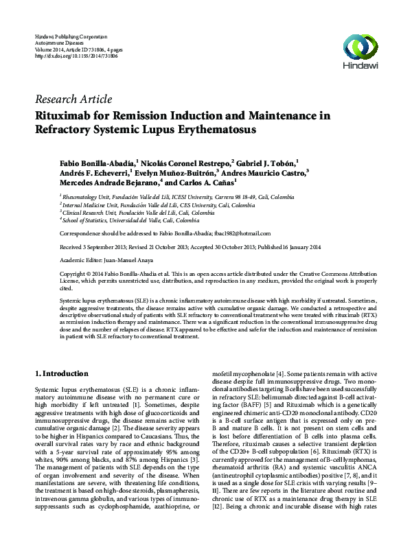 (PDF) Rituximab for Remission Induction and Maintenance in Refractory Systemic Lupus Erythematosus