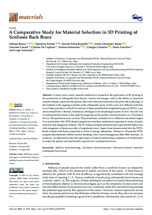 (PDF) A Comparative Study for Material Selection in 3D Printing of Scoliosis Back Brace