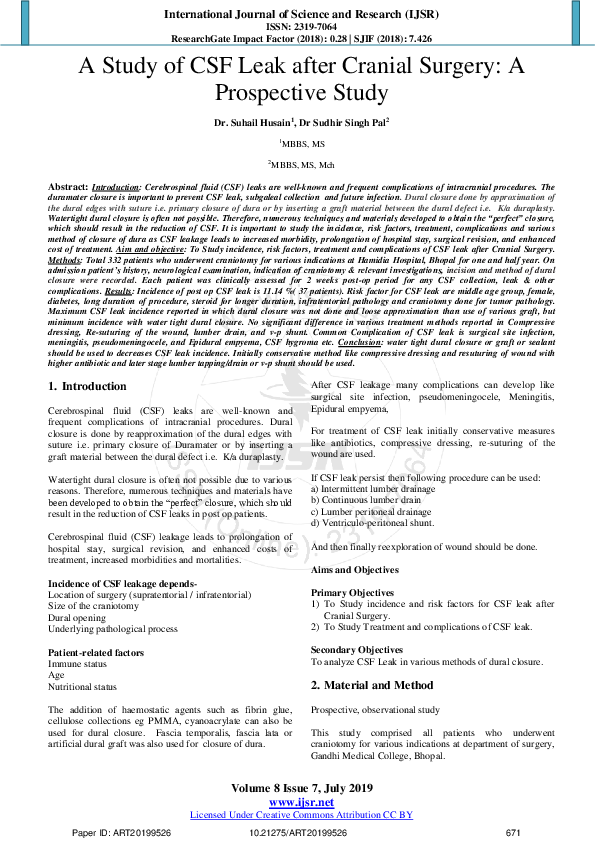 (PDF) A Study of CSF Leak after Cranial Surgery: A Prospective Study
