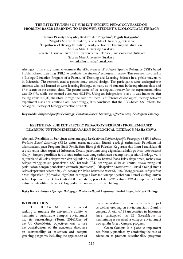 (PDF) The Effectivenessof Subject Specific Pedagogy Based on Problem-Based Learning to Empower ...