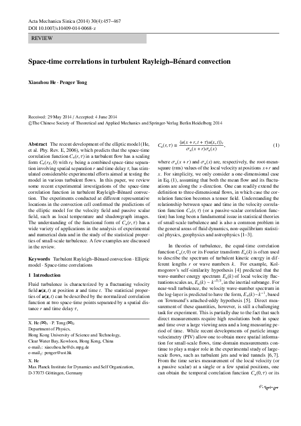(PDF) Space-time correlations in turbulent Rayleigh-Bénard convection