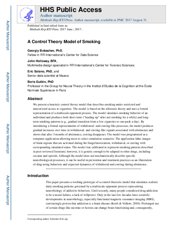 Pdf A Control Theory Model Of Smoking