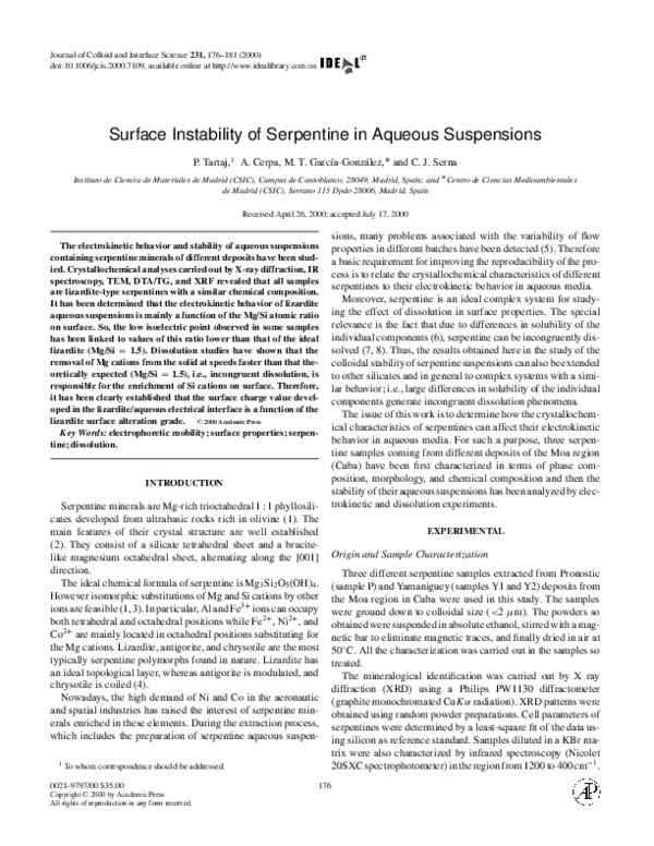 (PDF) Surface Instability of Serpentine in Aqueous Suspensions