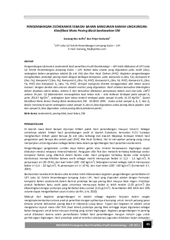 (PDF) Pengembangan zeokeramik sebagai bahan bangunan ramah lingkungan: klasifikasi mutu paving ...