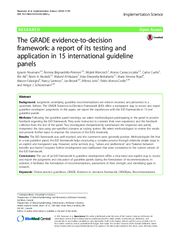 (PDF) The GRADE evidence-to-decision framework: a report of its testing ...