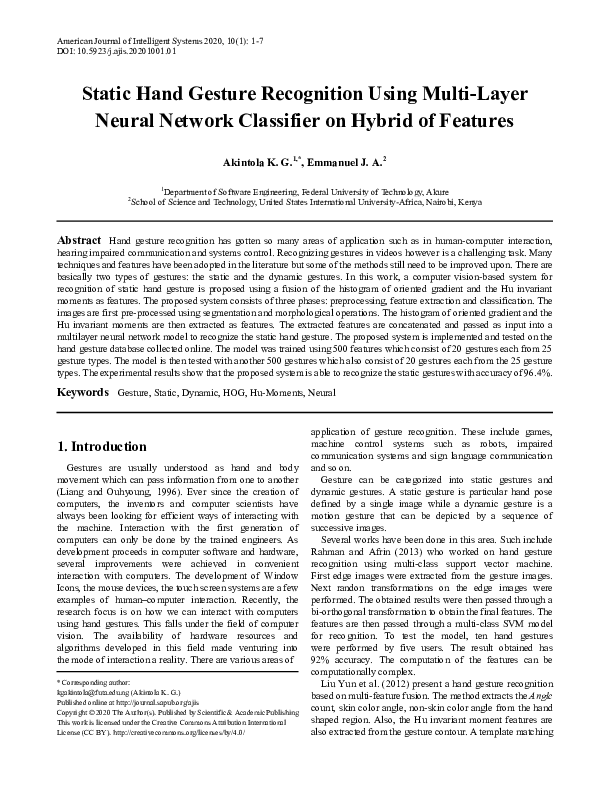 (PDF) Static Hand Gesture Recognition Using Multi-Layer Neural Network Classifier on Hybrid of ...