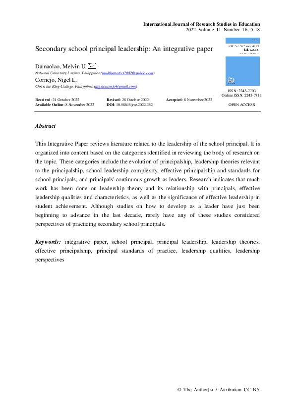 (PDF) Secondary school principal leadership: An integrative paper